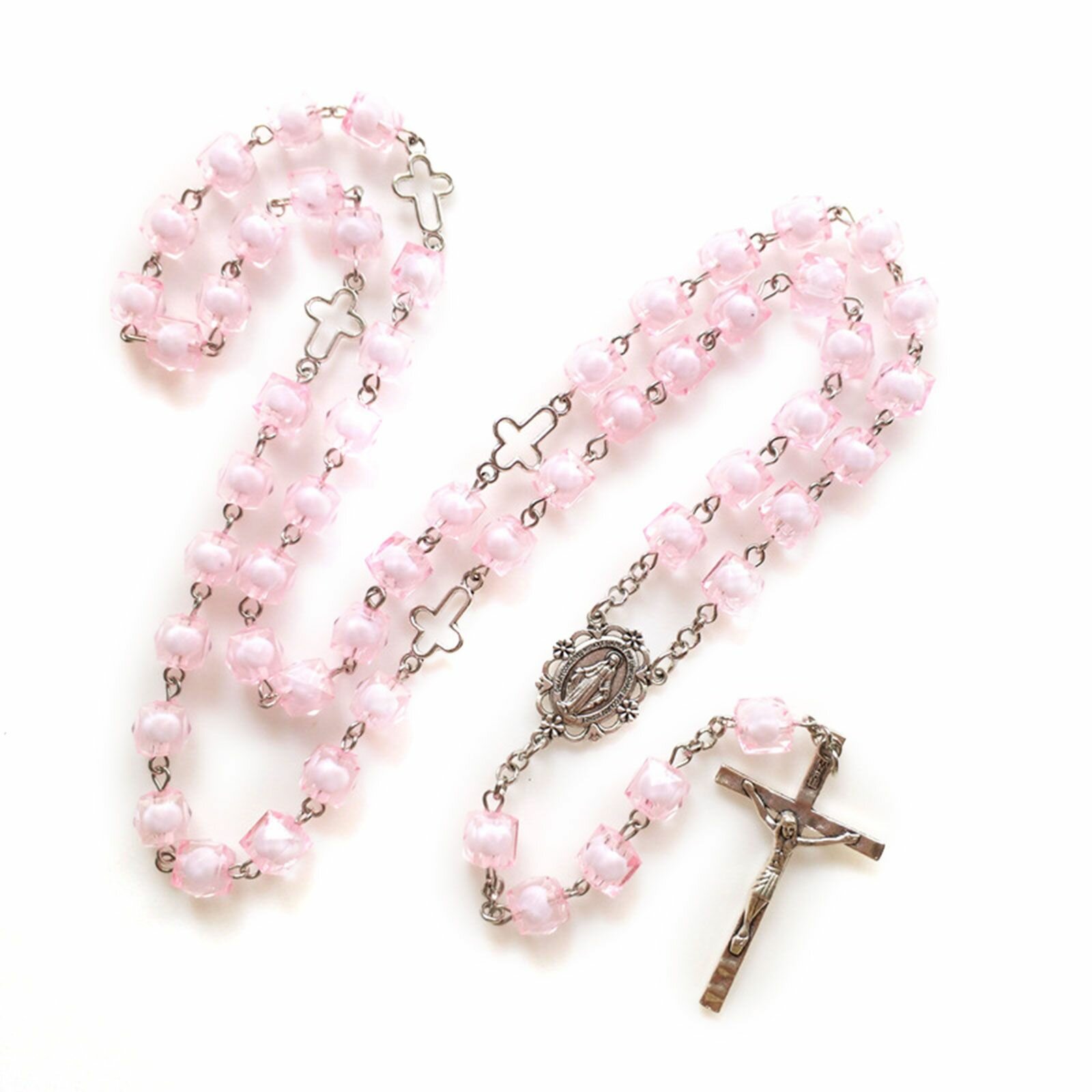 1 нитка простых розовых квадратных четок с подвеской в виде полого креста