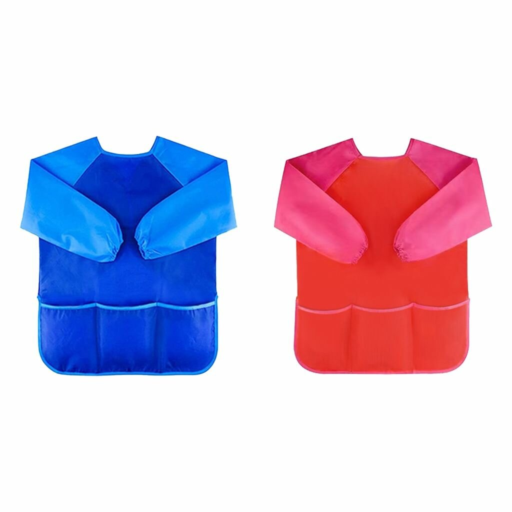 Детский фартук для рисования с рукавами и карманами, водостойкий комплект из 2 штук, красный и синий, для малышей 3-8 лет, защита одежды от краски и пятен