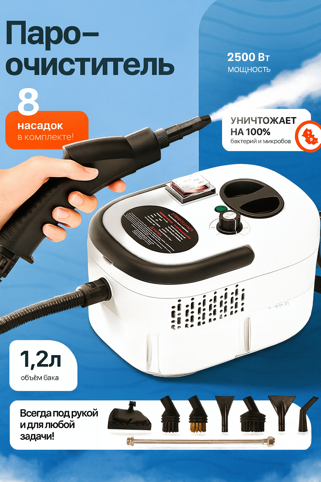 Пароочиститель для уборки дома, мощный универсальный парогенератор П01, белый