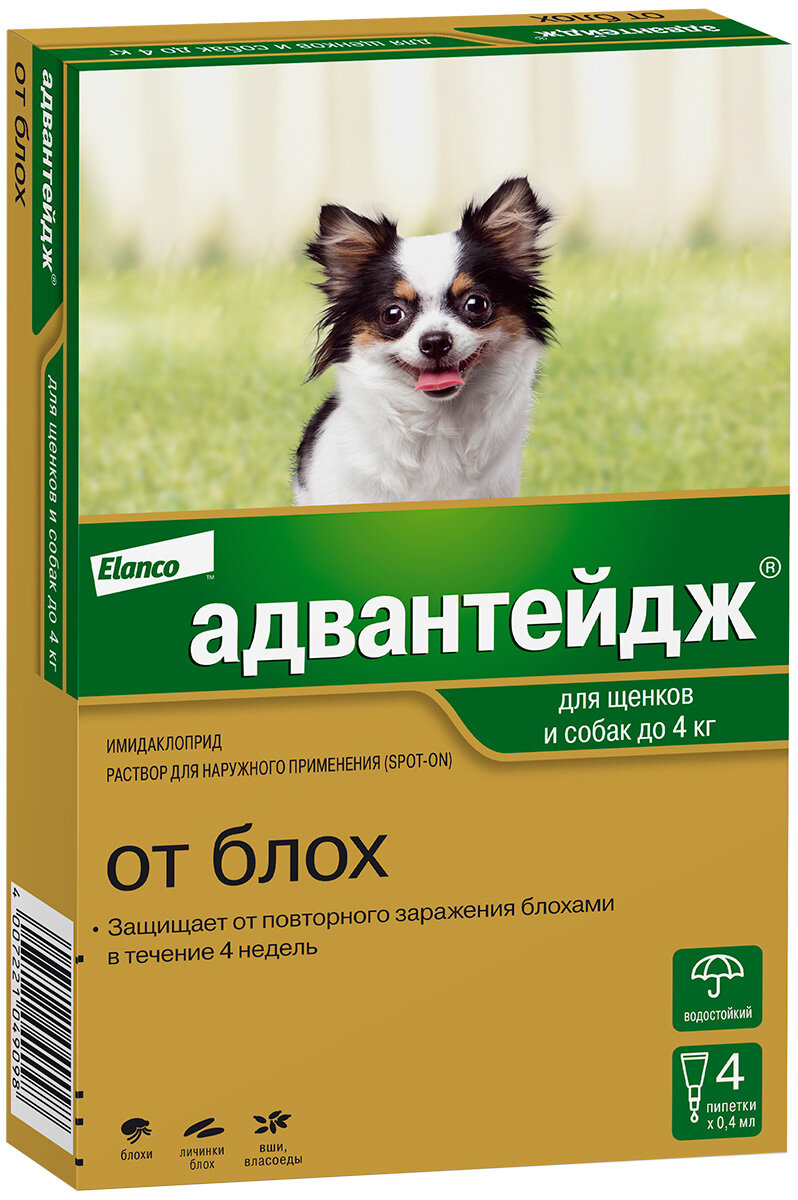 Адвантейдж капли для собак весом до 4 кг против блох, вшей, власоедов 4 пипетки по 0,4 мл Elanco (1 уп)