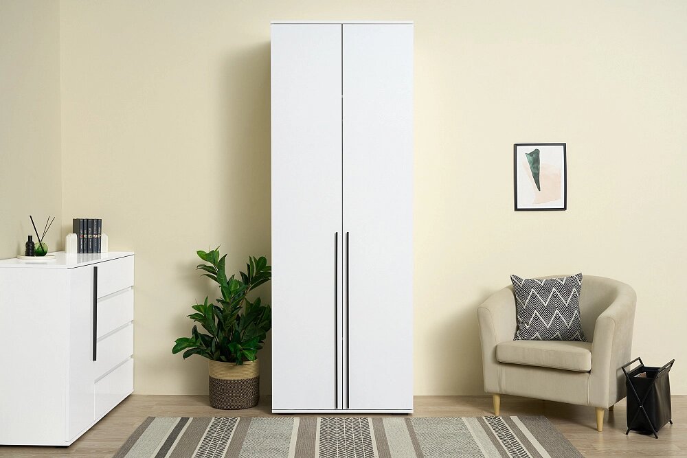 Шкаф для вещей с полками распашной двухстворчатый 2 двери 1 штанга Норд, 80х223.6х51 см, Белый / Белый глянец