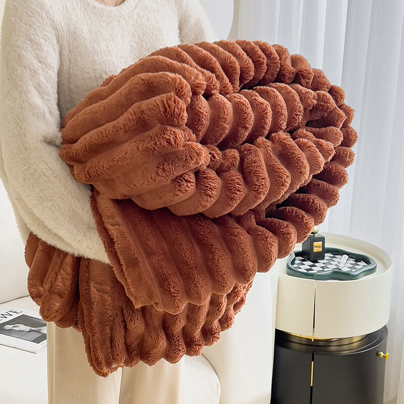 Двухслойное одеяло из кроличьего меха, утолщенное, теплое, зимнее, для офиса, для сна, для дивана, коралловое флисовое одеяло для кровати