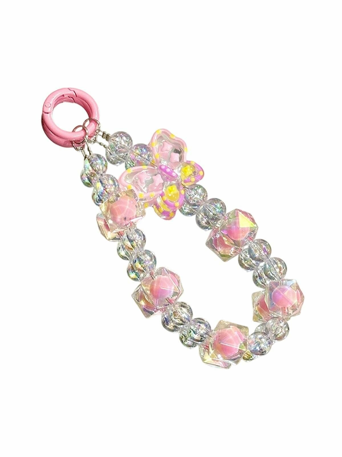 Шнурок для телефона, Подвеска-брелок для мобильного телефона с бриллиантовым бисером-Бабочка из бисера- Розовый