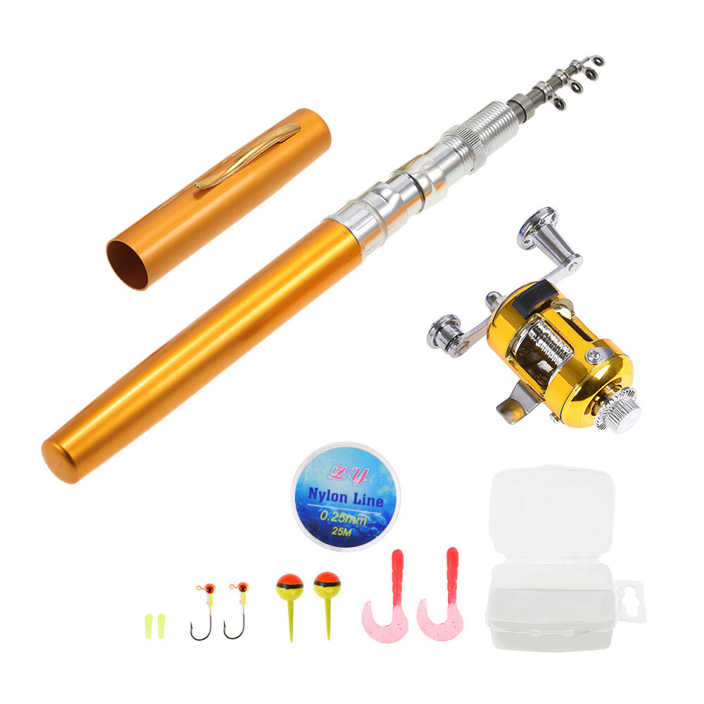 Комплект удилища и катушки для рыбалки Telescopic Pocket Pen Fishing Rod с Mini Trolling Reel, леска, мягкие приманки, крючки- jig и аксессуары для рыбалки: цвети Purple/ Blue/ Black/ Golden/ Silver/ Red, удилище из алюминиевого сплава и стекловолокна,