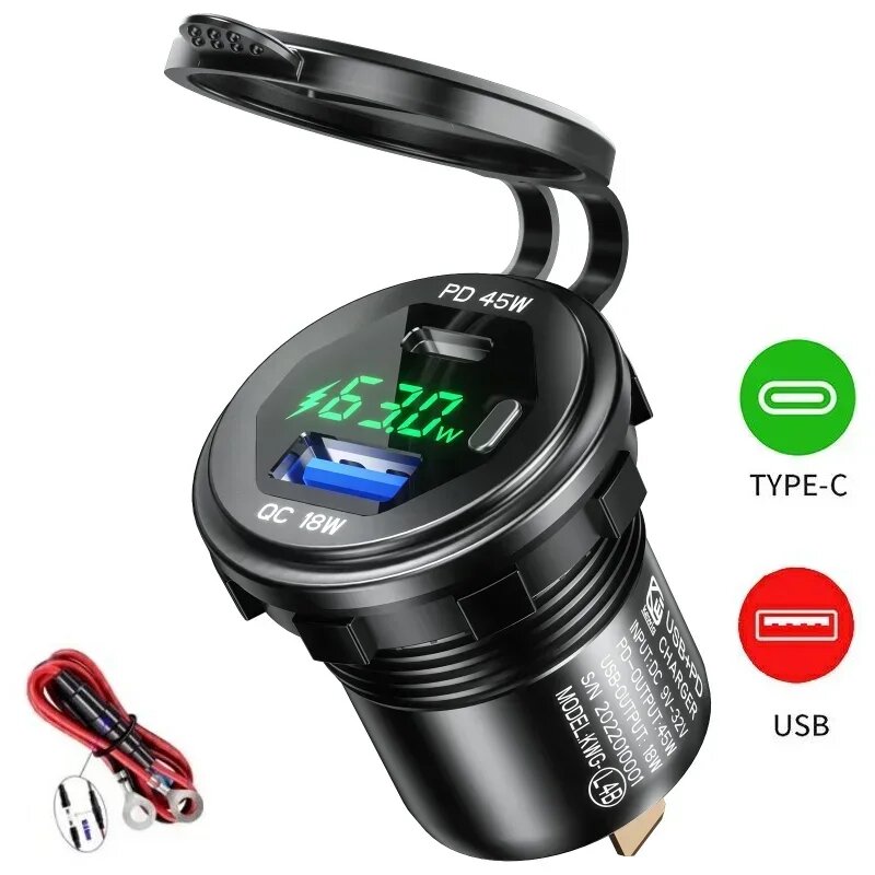 Алюминиевый адаптер для быстрой зарядки 3,0 и PD Dual USB Автомобильное зарядное устройство 12 В/24 В 63 Вт двойной USB гнездо мотоцикла Green PD QC wired