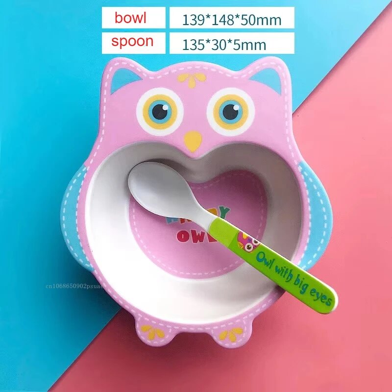 MOONBIFFY Детские тарелки из бамбука с мультяшками 3-6 лет Розовый, Owl bowl spoon