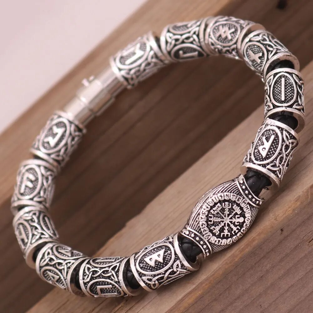 Браслет Viking Style Rune Leather Bracelet Black Silver Stainless Steel Charm Bracelet