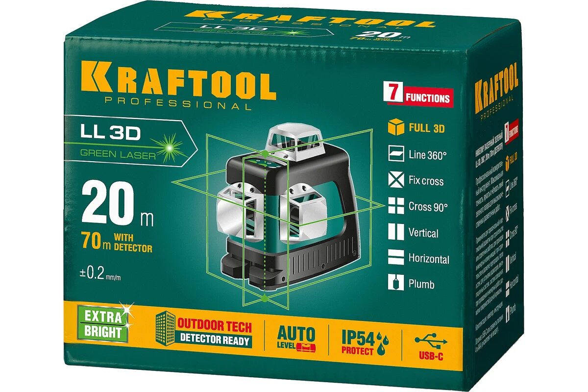 Лазерный нивелир Kraftool "LL 3D" 34641, автовыравнивание, зеленый, длина волны 635 нм — фото 1