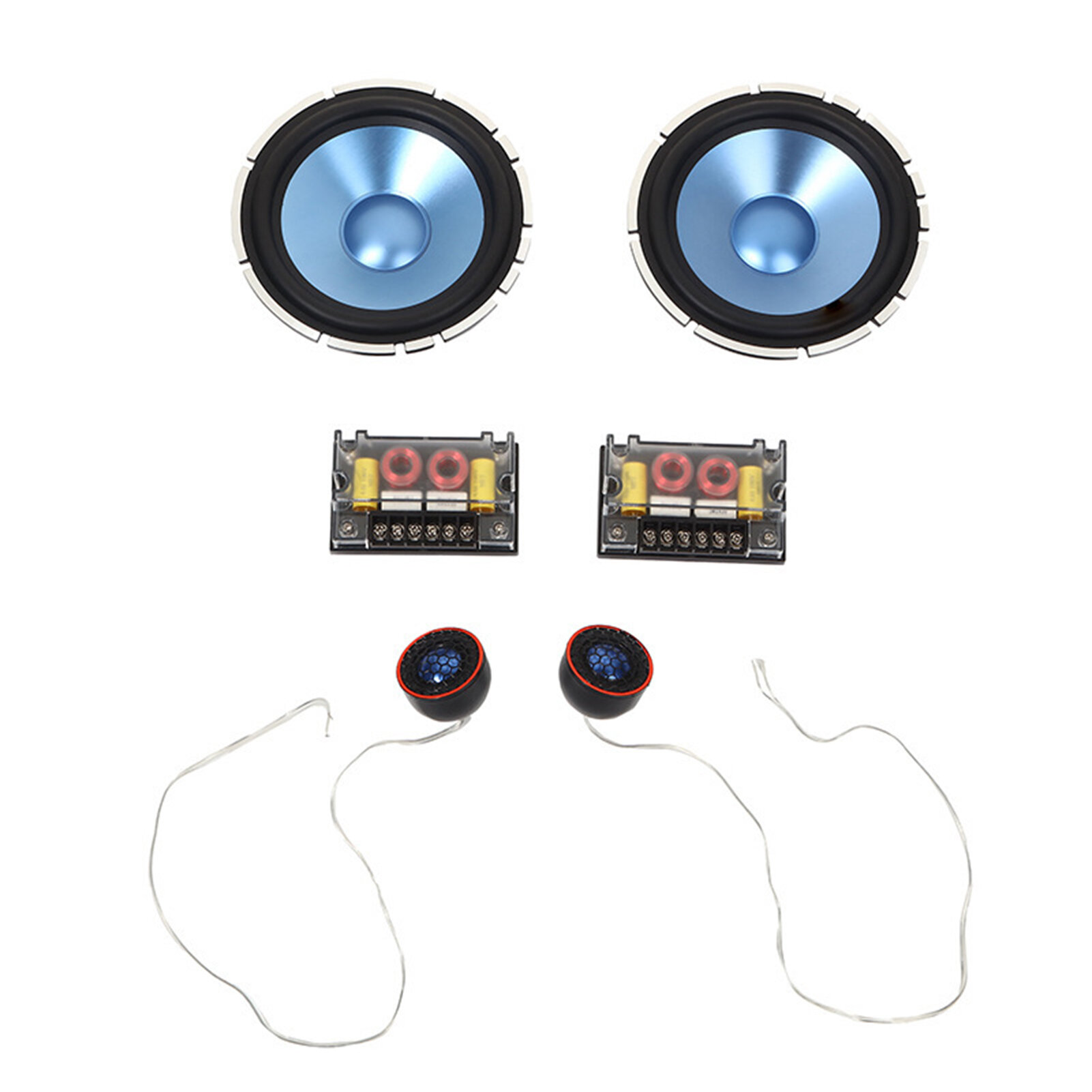 12V 91dB Система звука для автомобиля 2 шт. Высокочастотные гудки + 2 шт. Низкочастотные гудки + 2 Делителя частот Электрическая система для передних и задних дверей автомобиля, Синий цвет, Магний, Диаметр 16.5см, Мощность 50Вт, Пиковая мощность 120Вт,