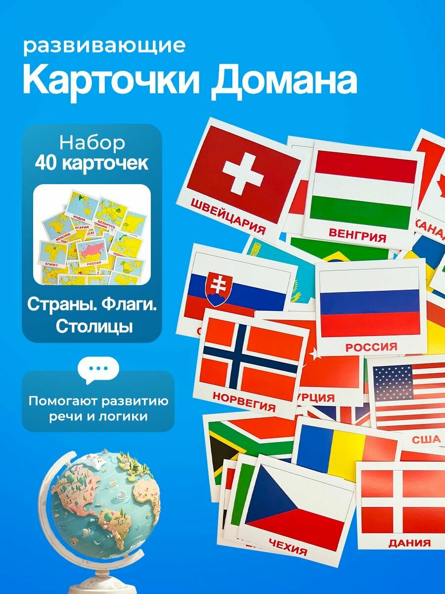 Развивающие карточки для детей "Страны. Флаги. Столицы" (мини) по методике Г. Домана, комплект 40 шт.