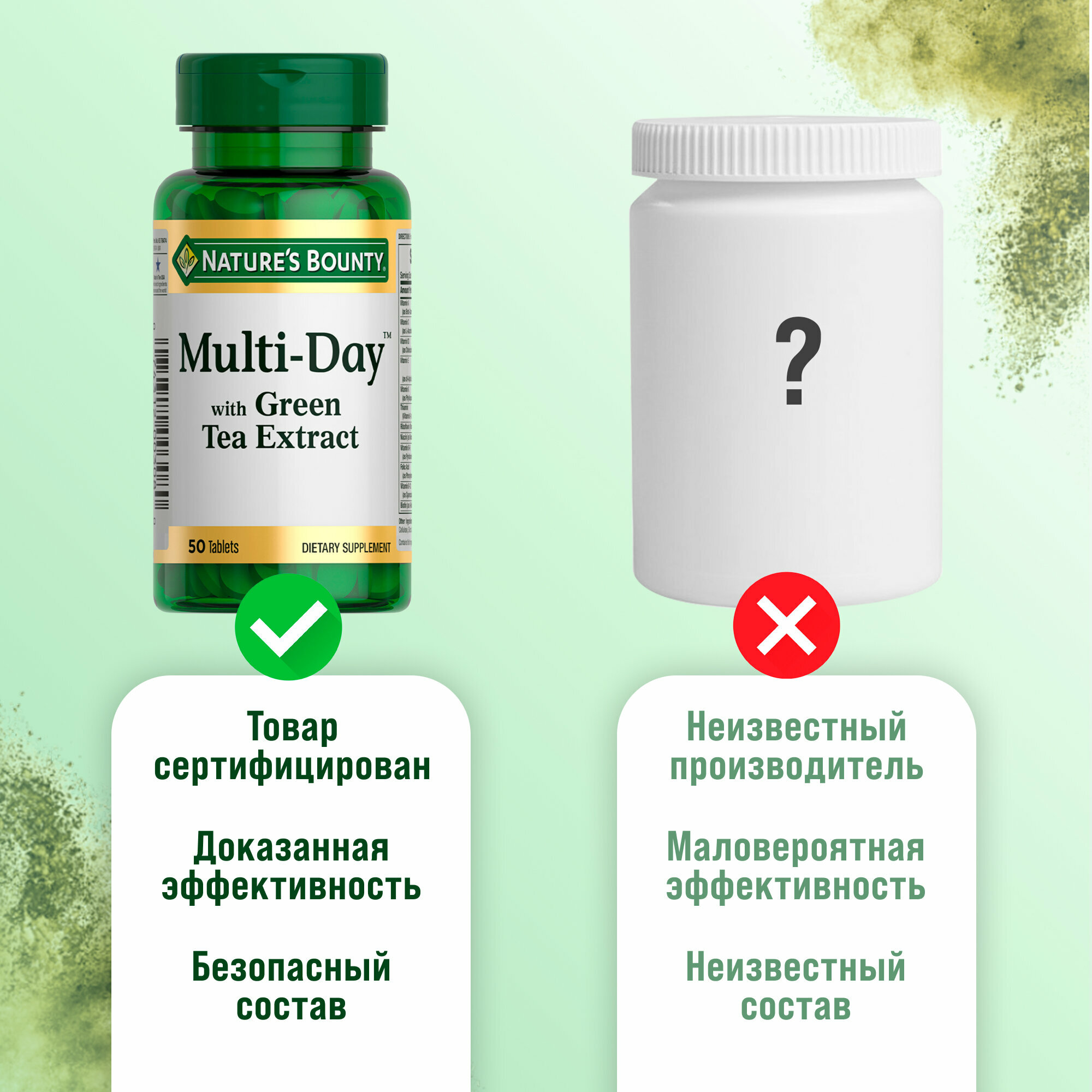 Витамины Nature's Bounty Multivitamin, таблетки, с экстрактом зеленого чая, 50 шт
