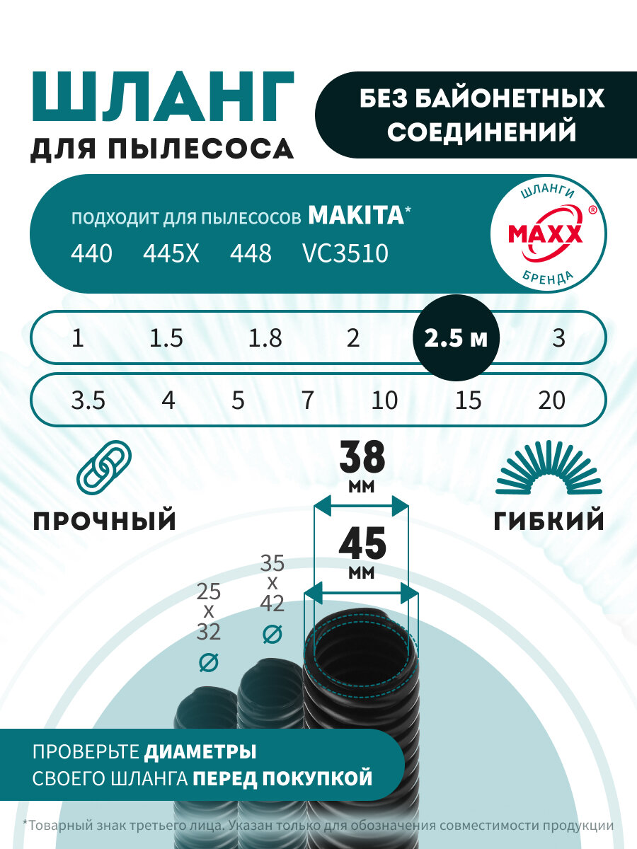 Шланг гибкий для пылесоса MAKITA 440, 440(7), 445X, 445X(6), 448, 448(6), VC3510, 3510(7) 2.5 м