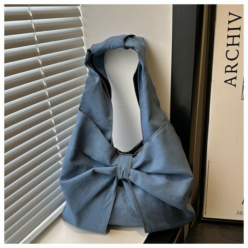 Женская джинсовая сумка через плечо, легкая, стильная, с бантом, для повседневного ношения