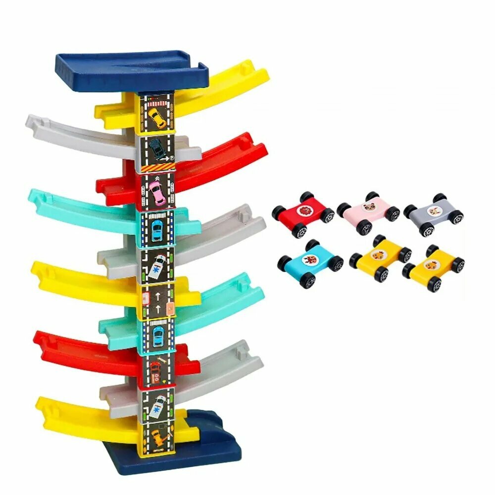 Игрушечная машинка-рампа, трек с горками, яркие цвета, развивающая игра для дошкольников, обучение причинно-следственным связям, 4 машинки