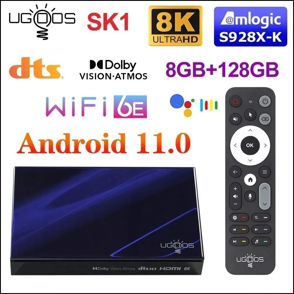 Караоке-система ТВ приставка Ugoos SK1 8/128 Гб Amlogic S928X-K Android 11.0, WiFi6/BT5.2, поддержка 1000M AV1 H.265 8K 60 кадров в секунду VP9 HDR медиаплеер