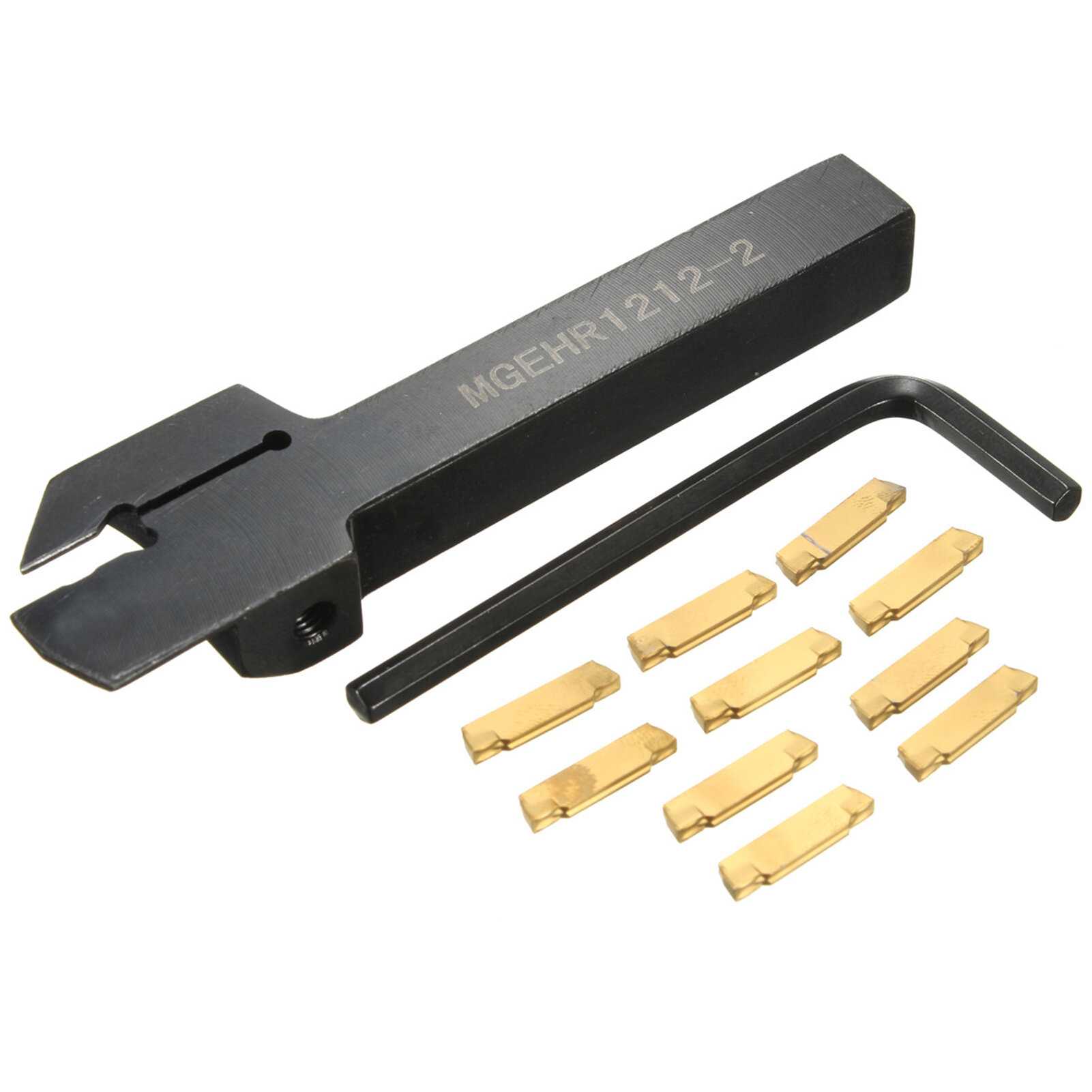 Набор инструментов для токарных работ Metal Lathe Turning Tool Kit MGEHR1212-2 со стержнем Profiling Bar Grooving Tool размером 12 x 100mm, 10 штук вставок MGMN200 из карбида для разделки и гаечкой L-образной для полуфинишных и финишных работ, цвет
