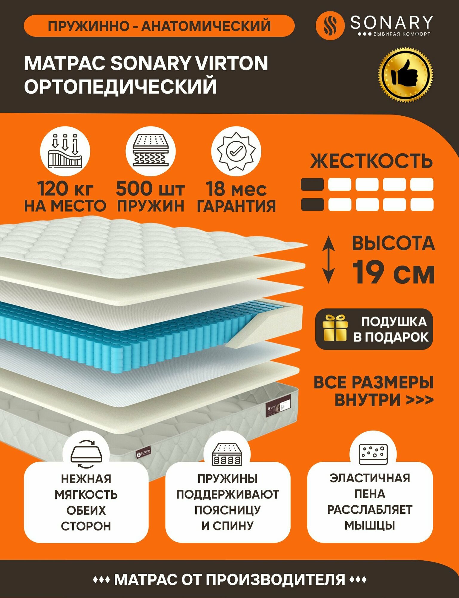 Матрас Sonary Virton 70х210 серии Urban высота 19 см анатомический мягкий Независимые пружины