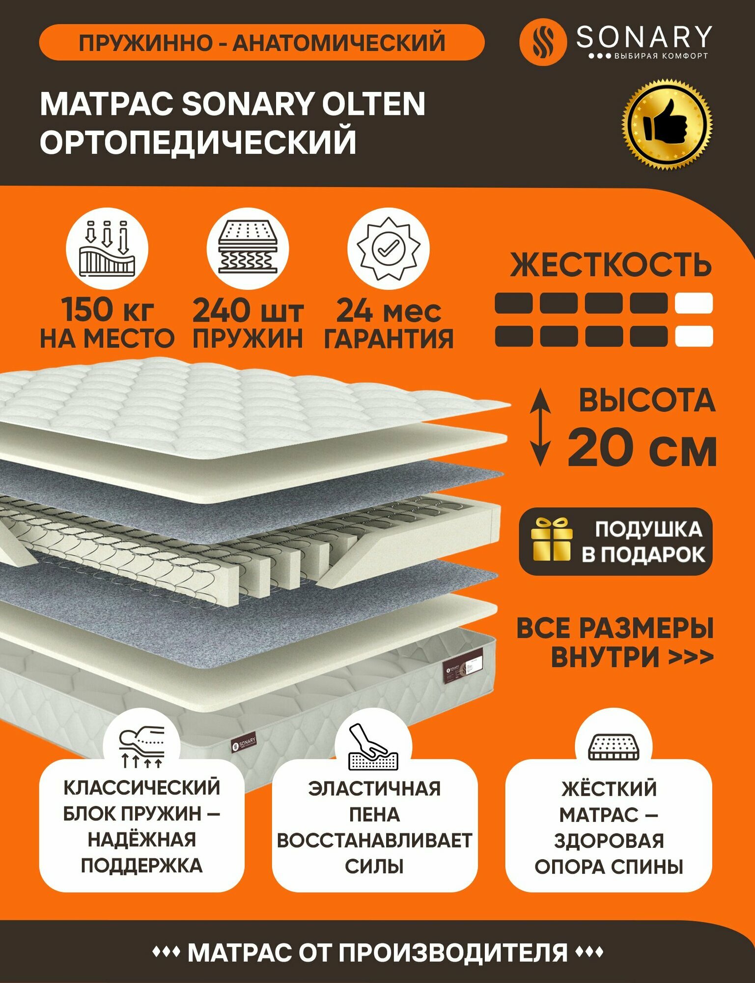 Матрас Sonary Olten 130х190 серии Urban высота 20 см анатомический средней жесткости Зависимые пружины