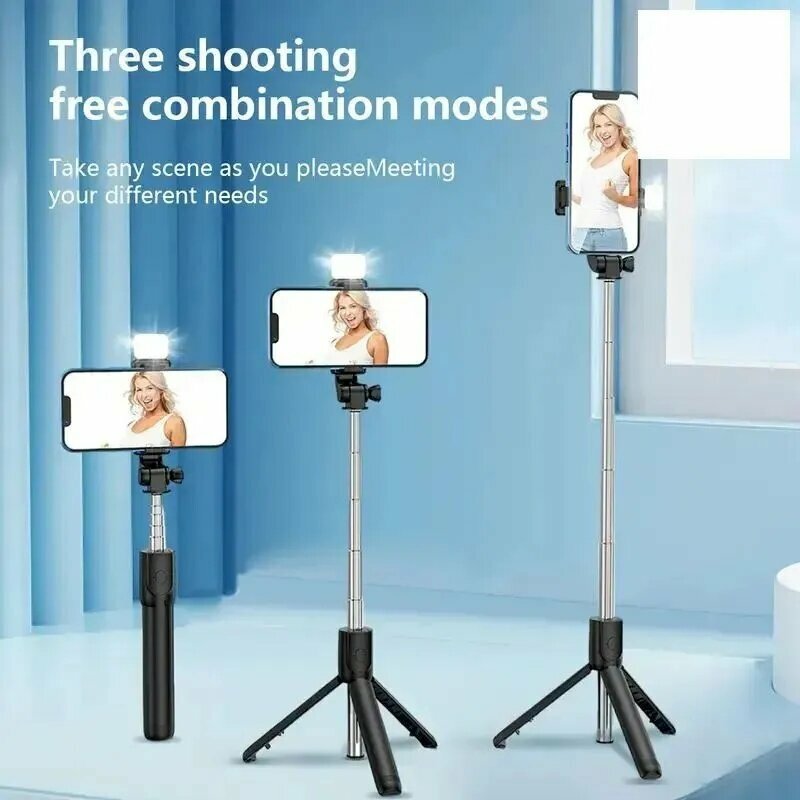 Вращающаяся на 360 селфи-палка со штативом, беспроводным пультом дистанционного управления и встроенной подсветкой для прямой трансляции и видеозаписи