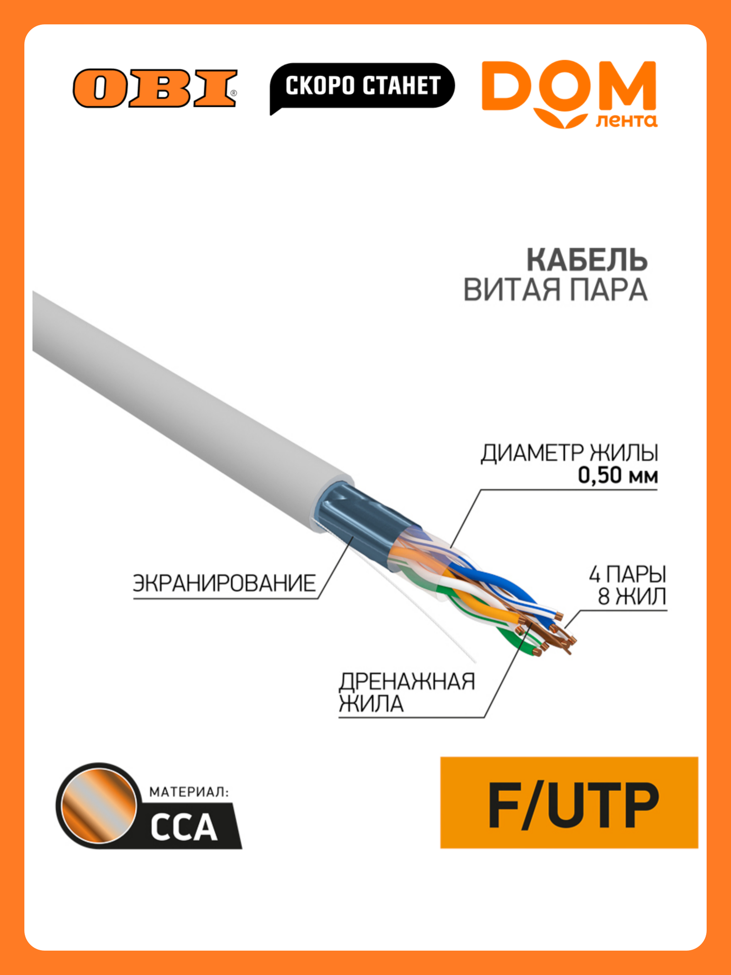 Кабель витая пара омедненный F/UTP, CCA, CAT 5e, PVC, 4PR, 24AWG, SOLID, серый, 305м PROconnect