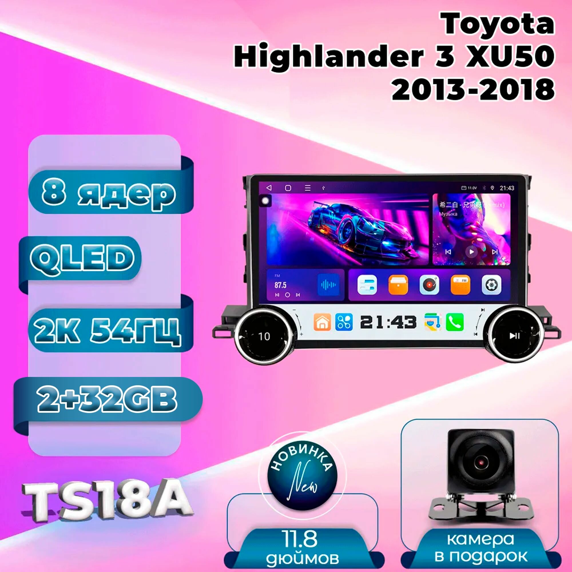 Штатная магнитола TS18A/2+32GB/Toyota Highlander 3 XU50 / Тойота Хайлендер/ магнитола Android 10/2din головное устройство мультимедиа