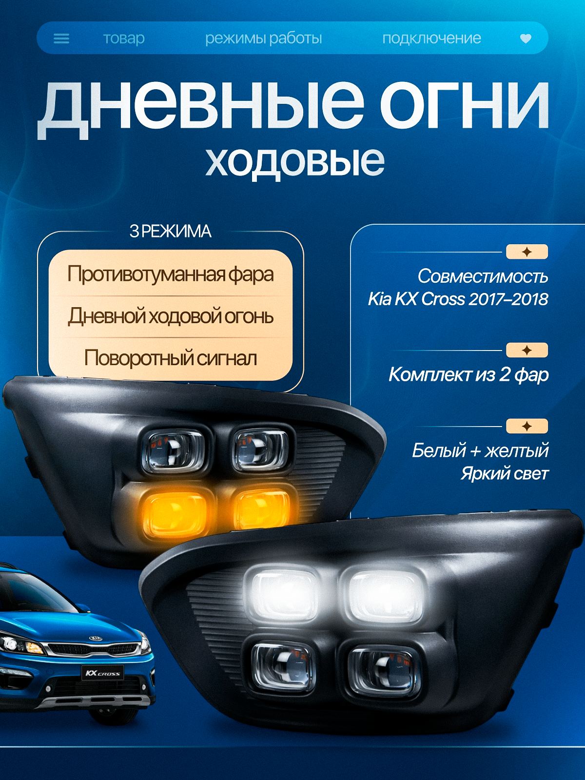 Дневные ходовые огни, для Kia, KX Cross, LED, 5 проводов, 2шт