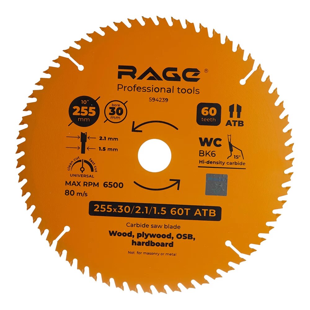 Диск пильный по дереву Rage by Vira Universal 255х30х1,5 мм 60 зубьев (594239) Rage by Vira 594239