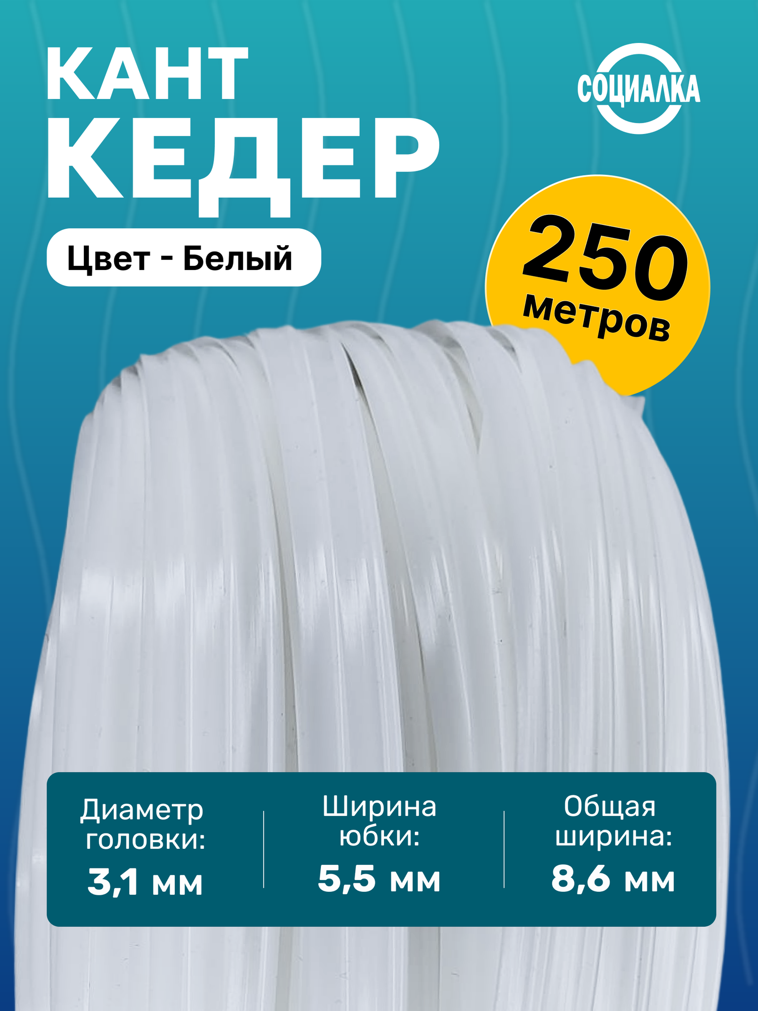 Кедер ( кант, жилка) для сумок, авточехлов и одежды, намотка 250м, белый/ размер: ширина головки 3,1мм; длина юбки 5.5мм