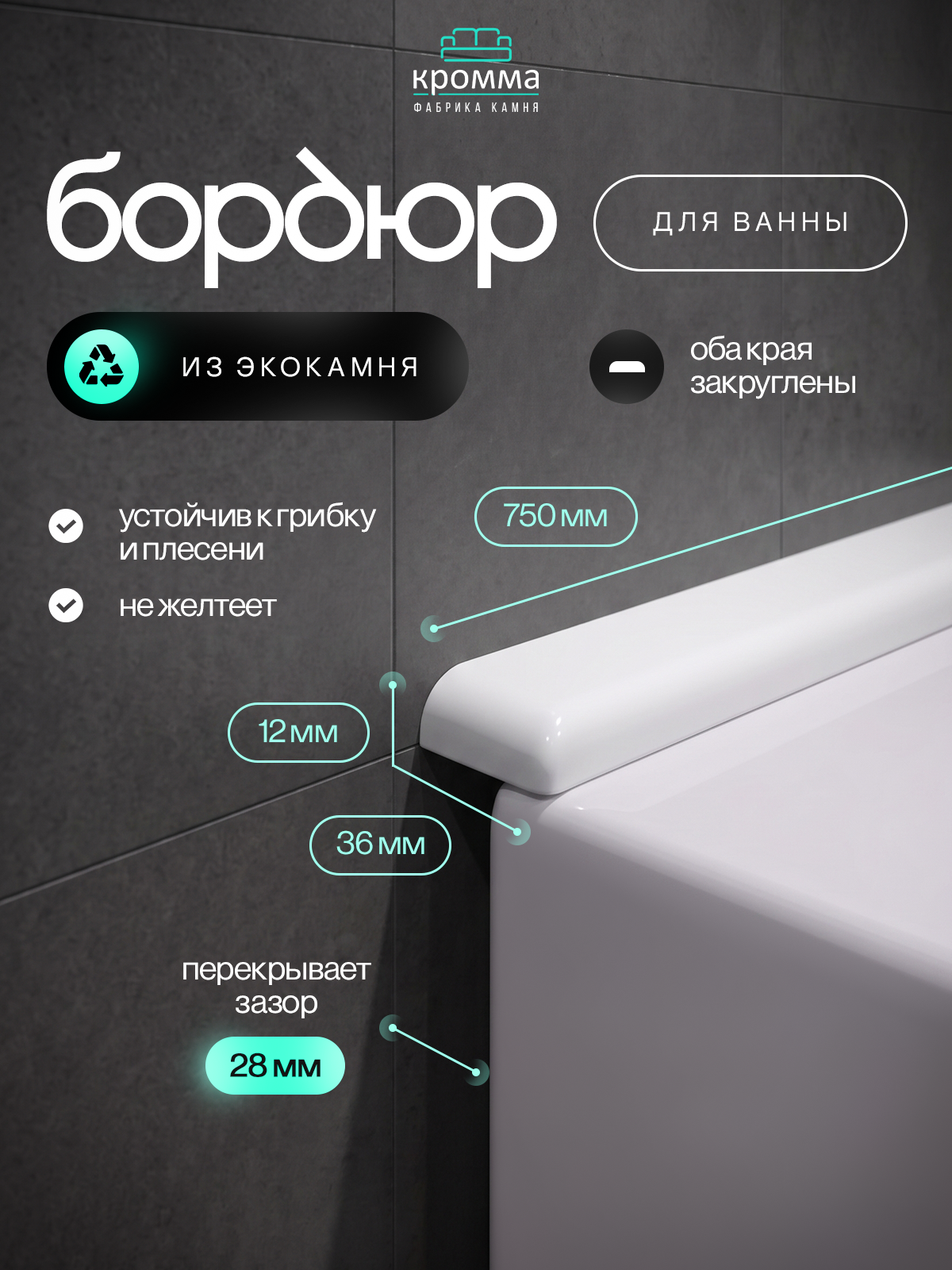 Акриловый бордюр плинтус для ванны 36/750 мм. белый цвет, глянцевая поверхность, универсальный