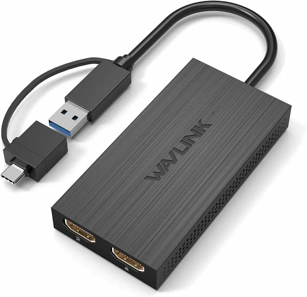 HDMI-разветвитель WAVLINK расширяет возможности отображения, поддерживая два монитора, и включает в себя адаптер USB-A или USB-C для подключения двух HDMI-устройств.