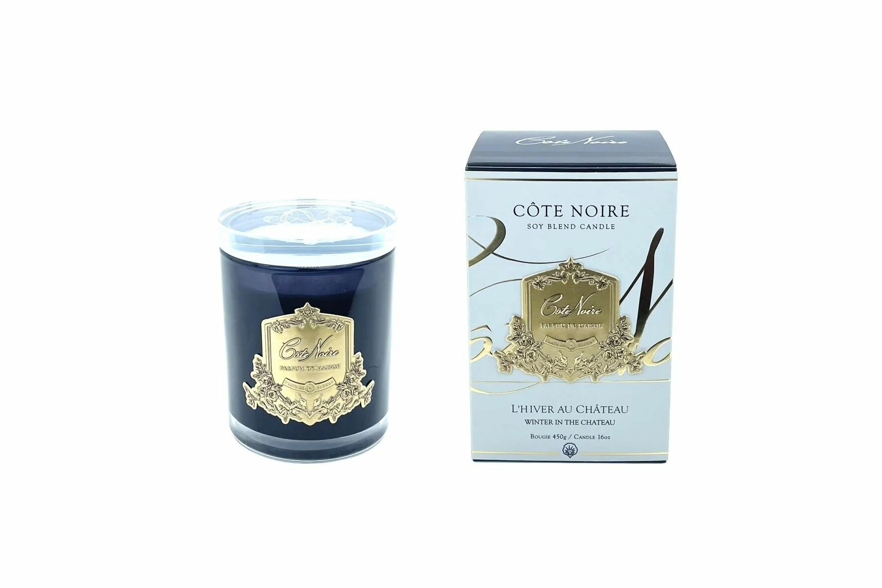Свеча COTE NOIRE L'HIVER AU CHATEAU 450 гр , черный стаканчик, золотой декор ВхШхД 16х10,5х10,5 см время горения 100 ч