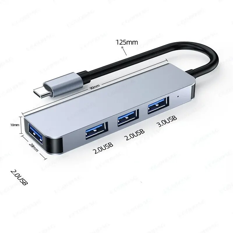 USB-C хаб 4 порта USB 2.0/3.0, серый
