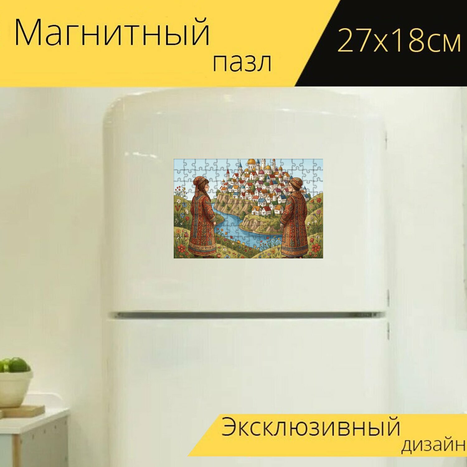 Магнитный пазл "Сказочный город над рекой. Иллюстрация в народном стиле: две девушки в традиционных нарядах любуются древним поселением с куполами и." на холодильник 27 x 18 см.