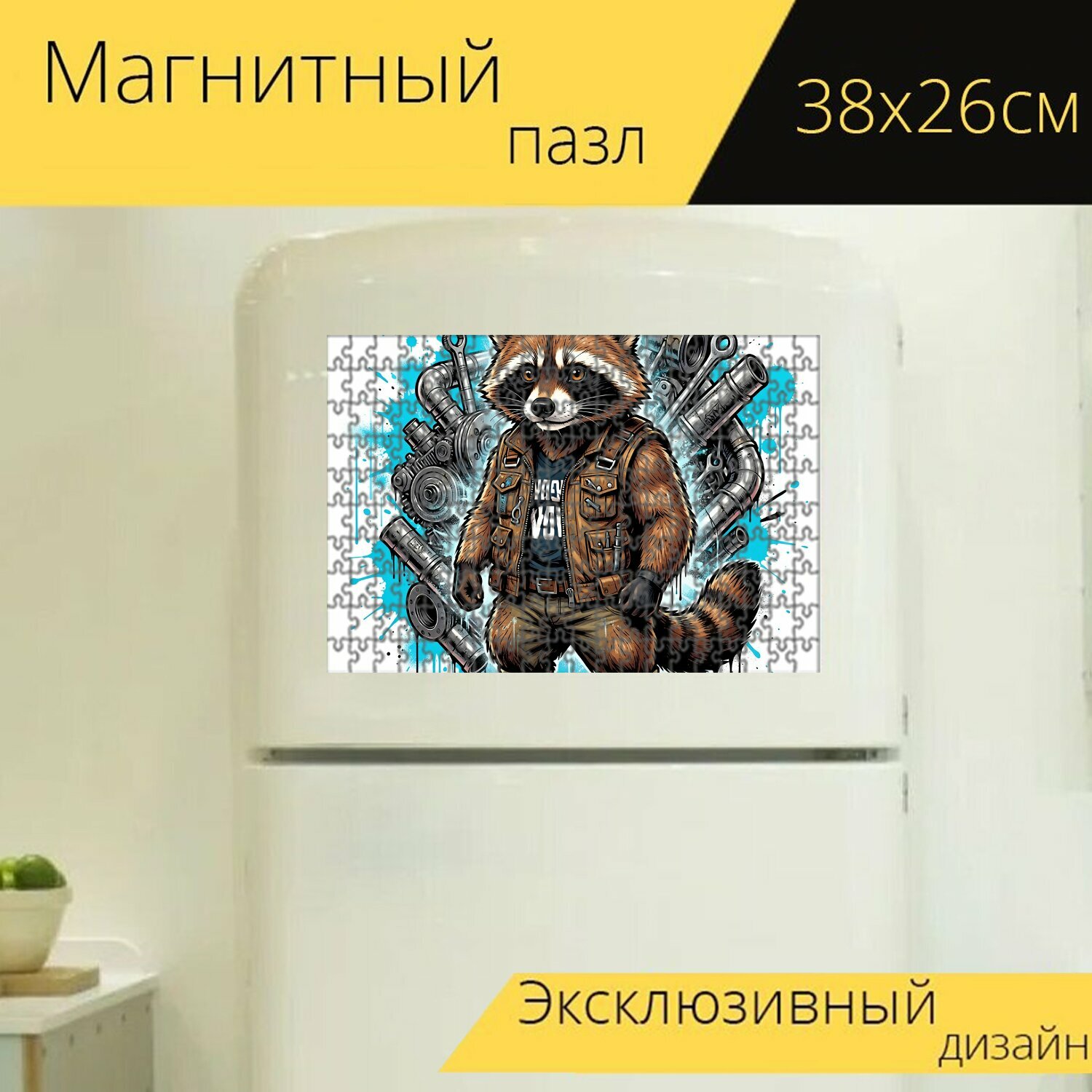 Магнитный пазл "Енот в техно-образе. Стильный антропоморфный зверёк в бежевом жилете и тёмной одежде на фоне металлических труб и механизмов. Яркие." для интерьера, 38х26 см.