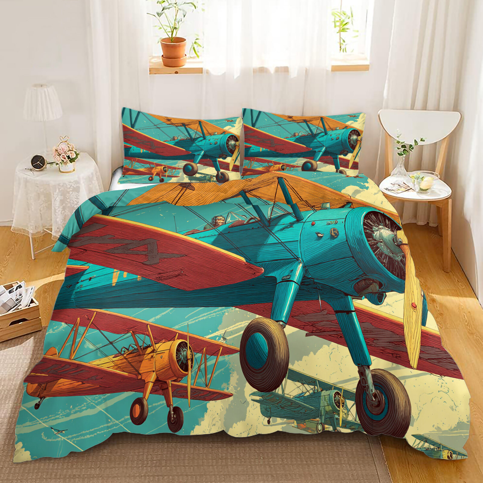 Самолет Комплект постельного белья 1.5/2-сп/Евро 3 предмета 175x215cm Ретро Mикрофибра 2 наволочки 70х70