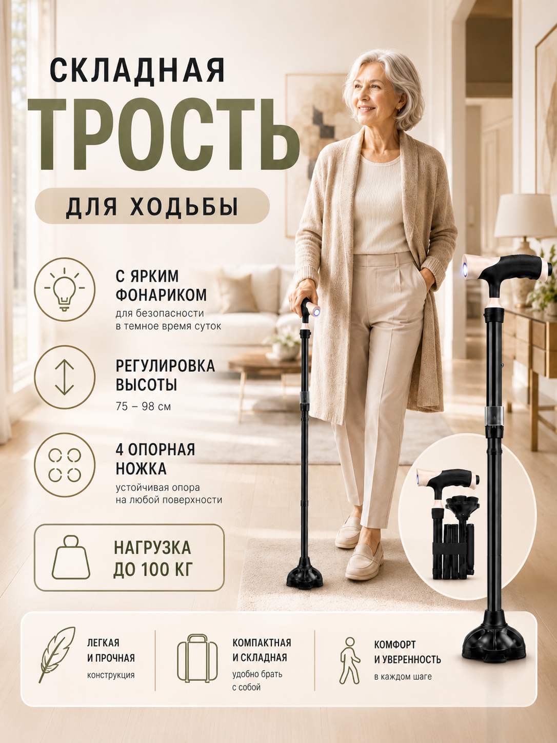 Трость для ходьбы, складная, с фонариком, противоскользящая 4х опорная