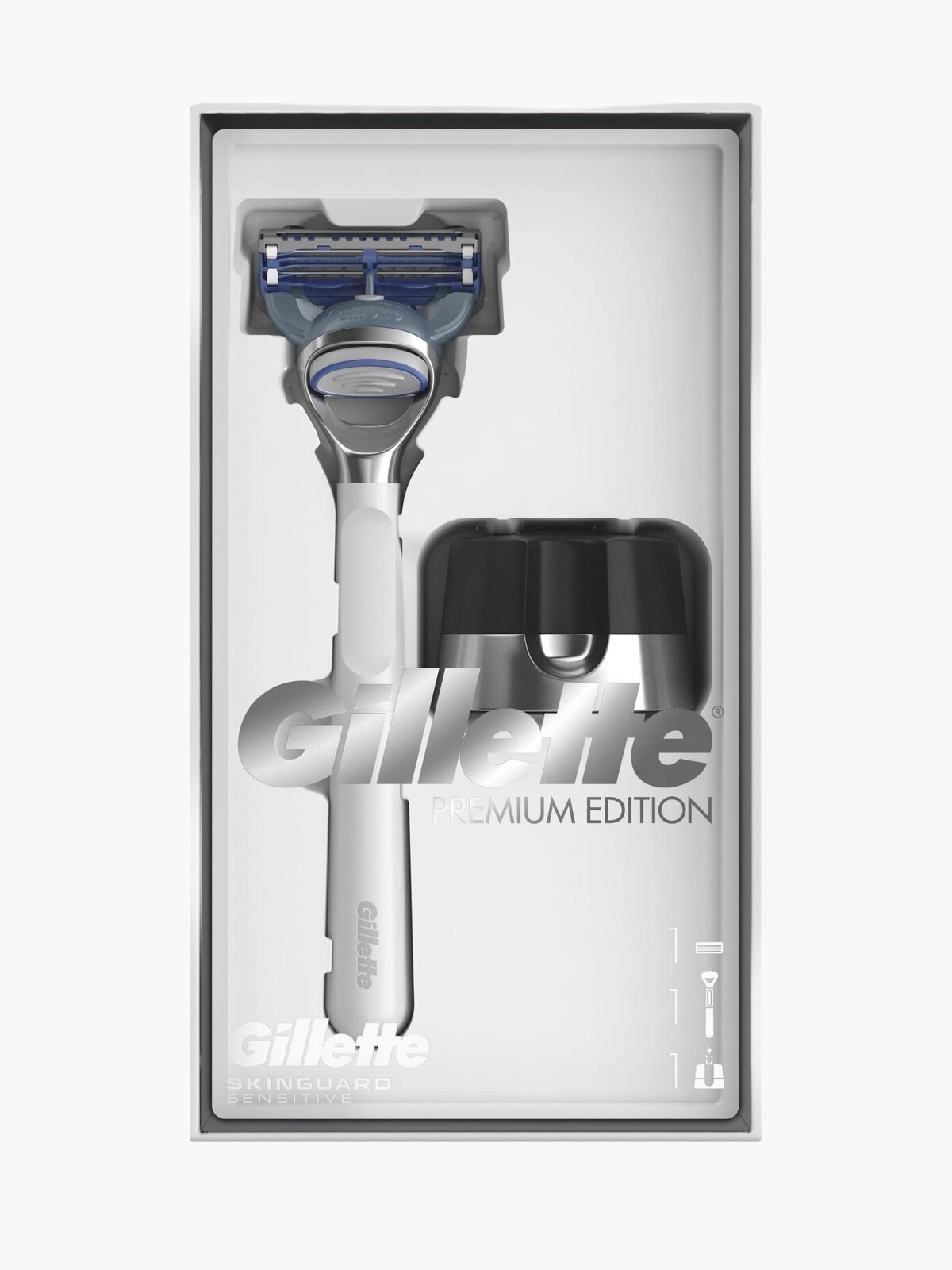 Подарочный набор Gillette Бритва Skinguard, белая, магнитная подставка