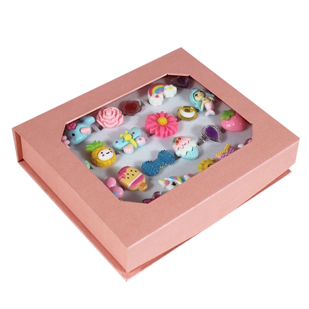 Набор Украшений для Девочек 24шт в Коробке, Регулируемый Размер, Без Дублирования, Ролевые Игры, Набор Колец для Милой Маленькой Девочки с Коробкой