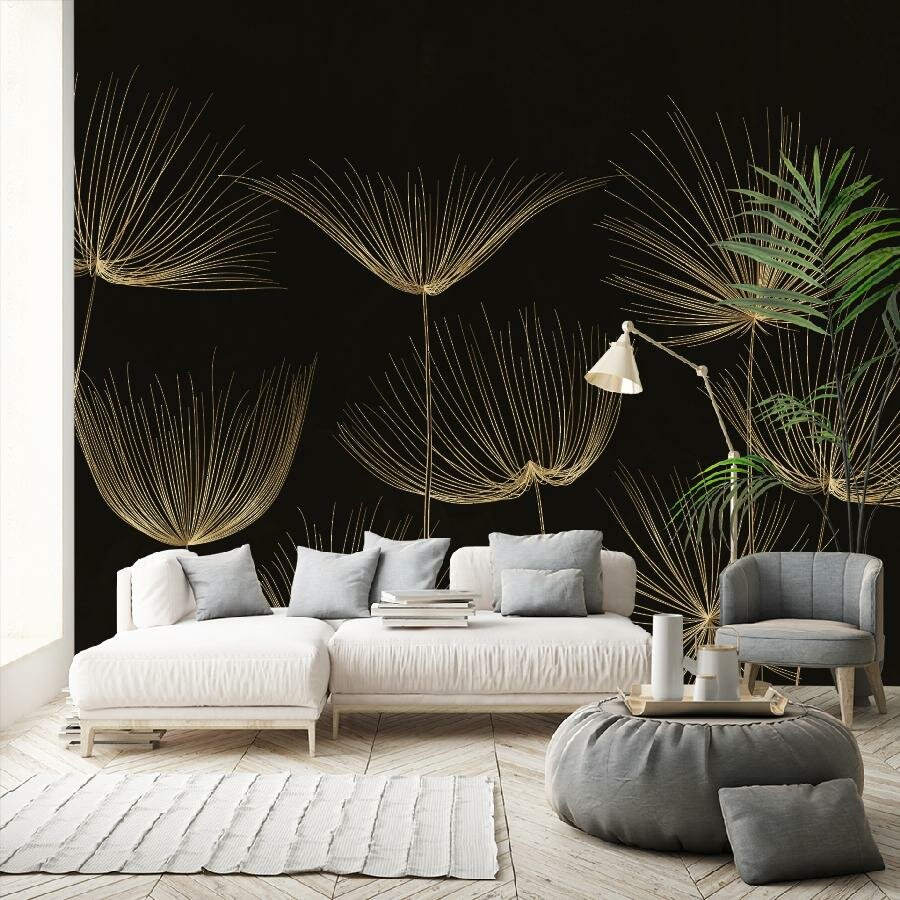 Фотообои Цветы золотые на черном 14-1286-XL-Флок 270 x 500 см (ВхШ) Бесшовные, флизелиновые, влагостойкие обои