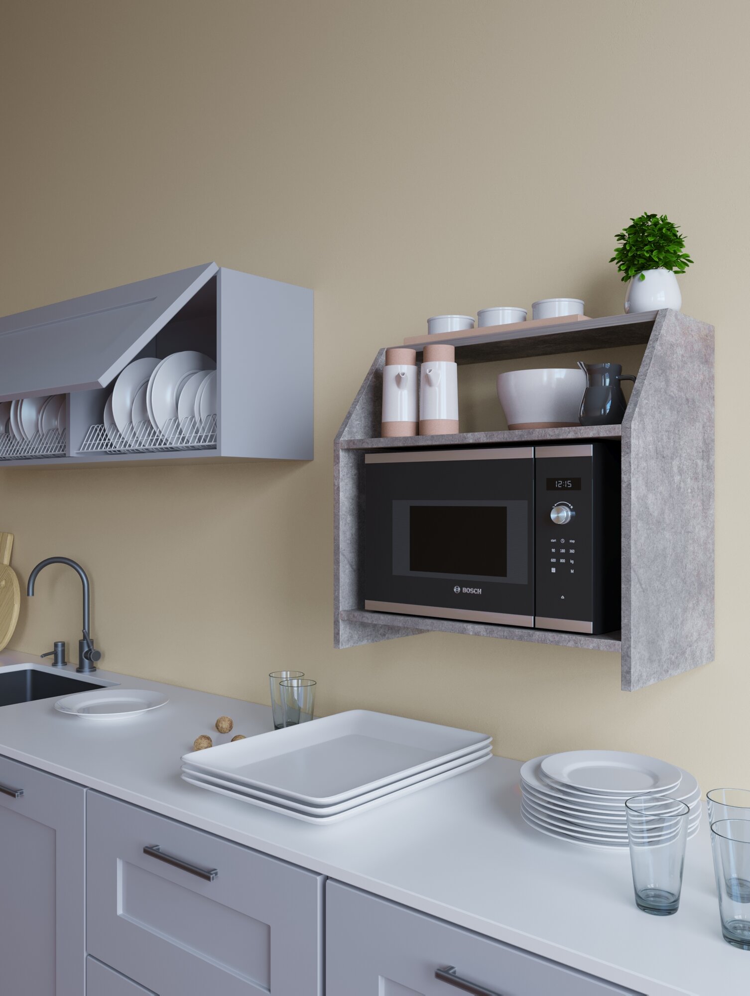 Полка кухонная, под микроволновку, настенная, ЛДСП, серая, 32x56 см