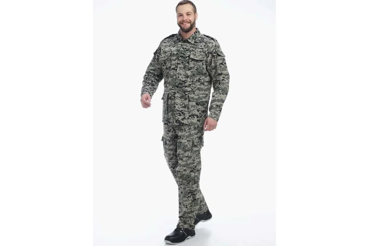 Костюм мужской военно‑полевой камуфляж иварус, зелёная цифра, размер 56‑58 (рост 182‑188 см), из ткани Рип Стоп 20 % хлопок, 80 % полиэфир, прямой покрой, с клапанными карманами и кулиской на поясе.