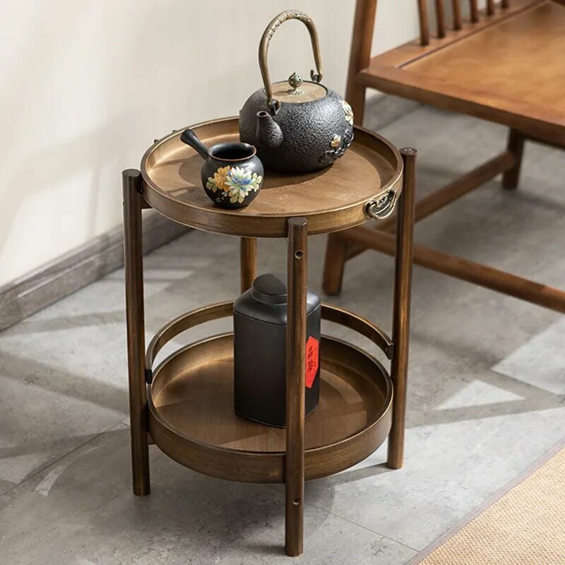 Круглый маленький чайный столик из цельного дерева в стиле ретро， 30х30х50 см