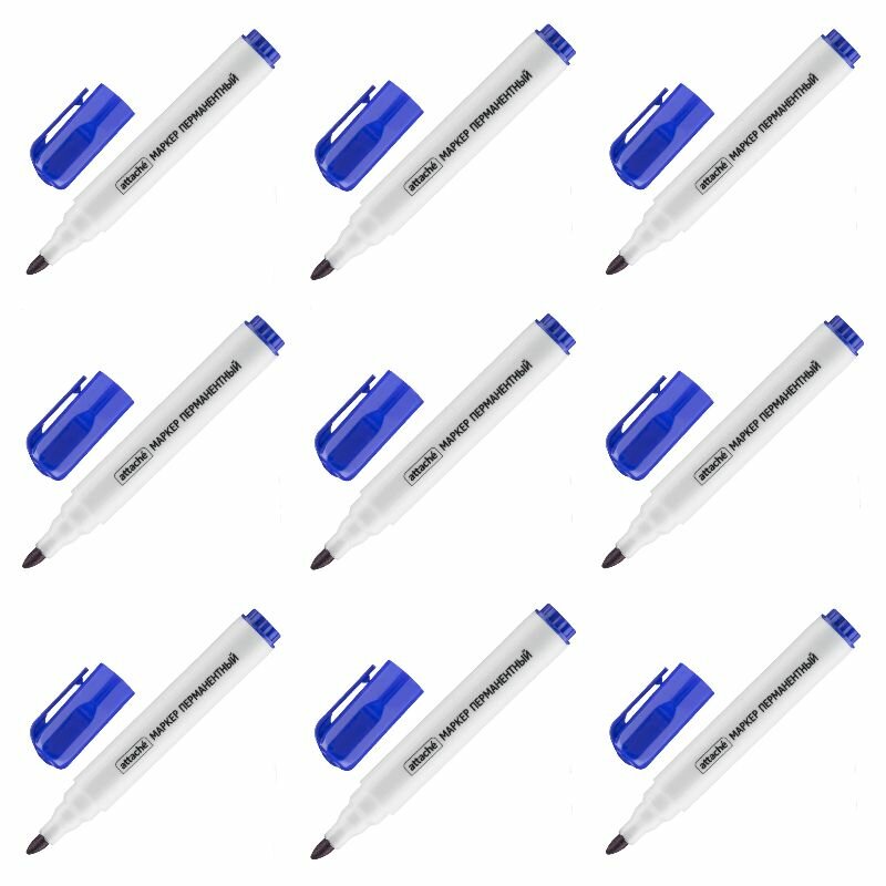 Attache Маркер перманентный синий скошенный наконечник 1,5-3 мм 9 шт