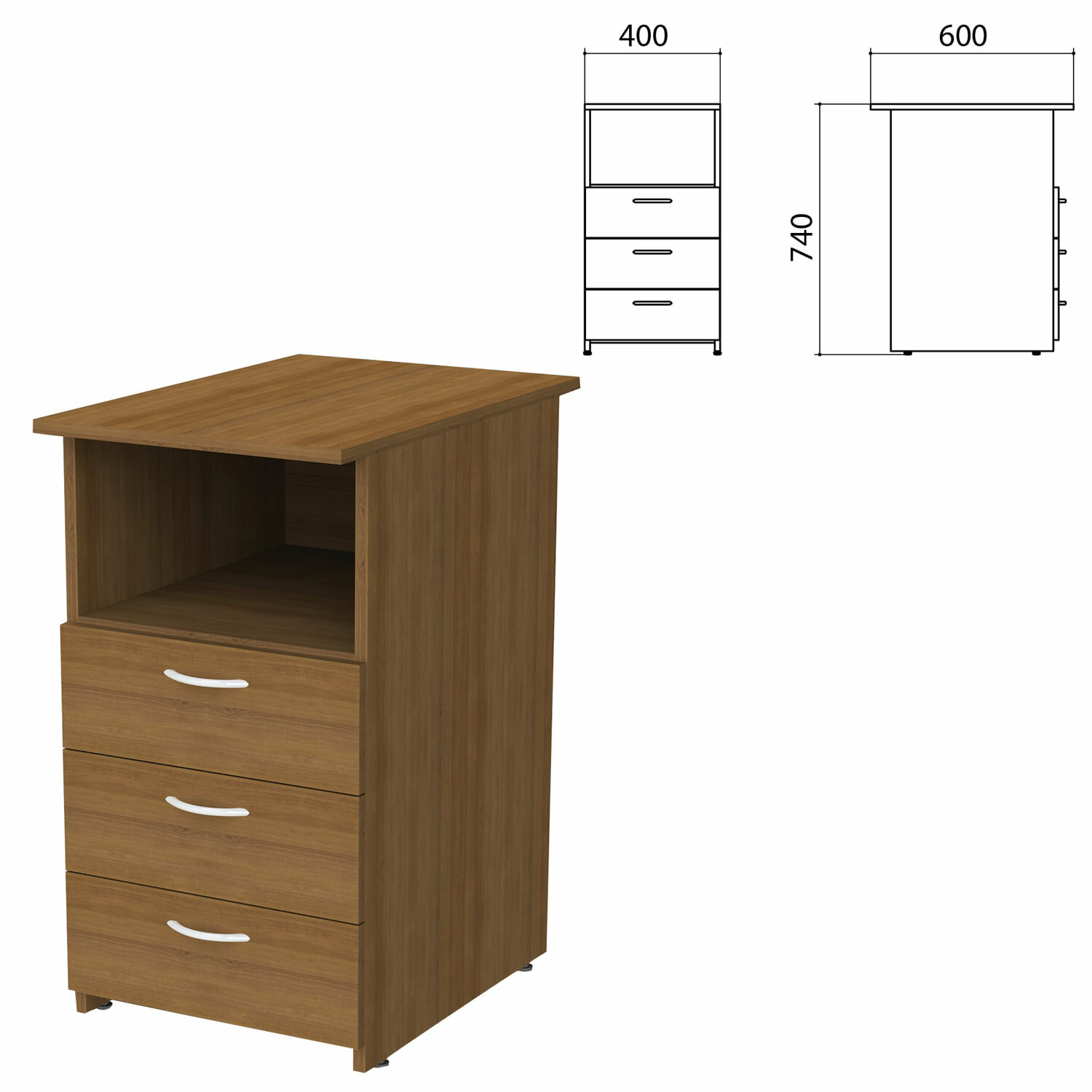 Тумба приставная бюджет бюджет, 400х600х740 мм, 3 ящика, полка, орех французский (402657-190)