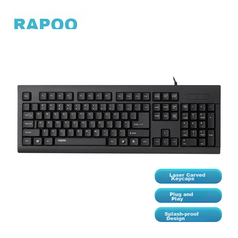 Rapoo K150 Wired Keyboard, Office Keyboard, Full-Size, Splash-Resistant, Computer Keyboard, Laptop Keyboard, USB Interface, Black