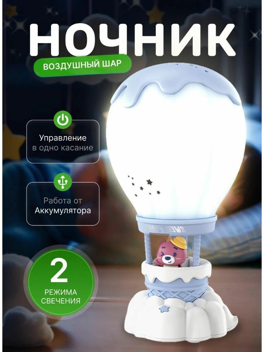 Ночник детский настольная лампа на аккумуляторе шар голубой