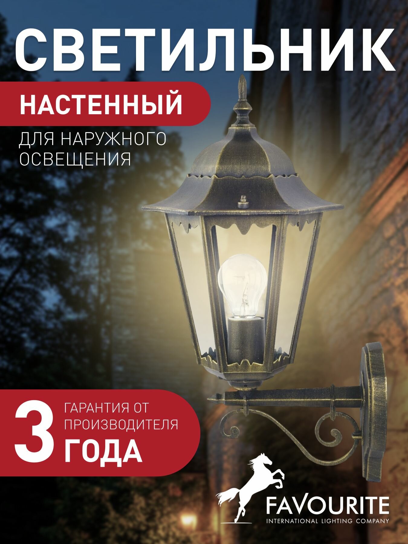 Уличный настенный светильник FAVOURITE 1808-1W, 5 кв м, E27 накаливания/люминесцентная 100 Вт, 3000 К теплый белый, IP44