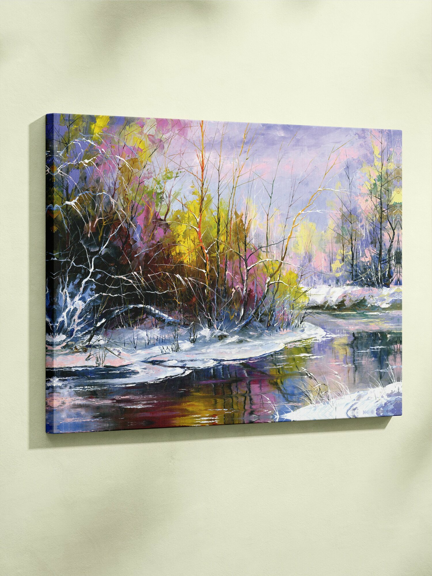 Картина для интерьера на стену пейзаж. Река в зимнем лесу 50х70 см на холсте на подрамнике