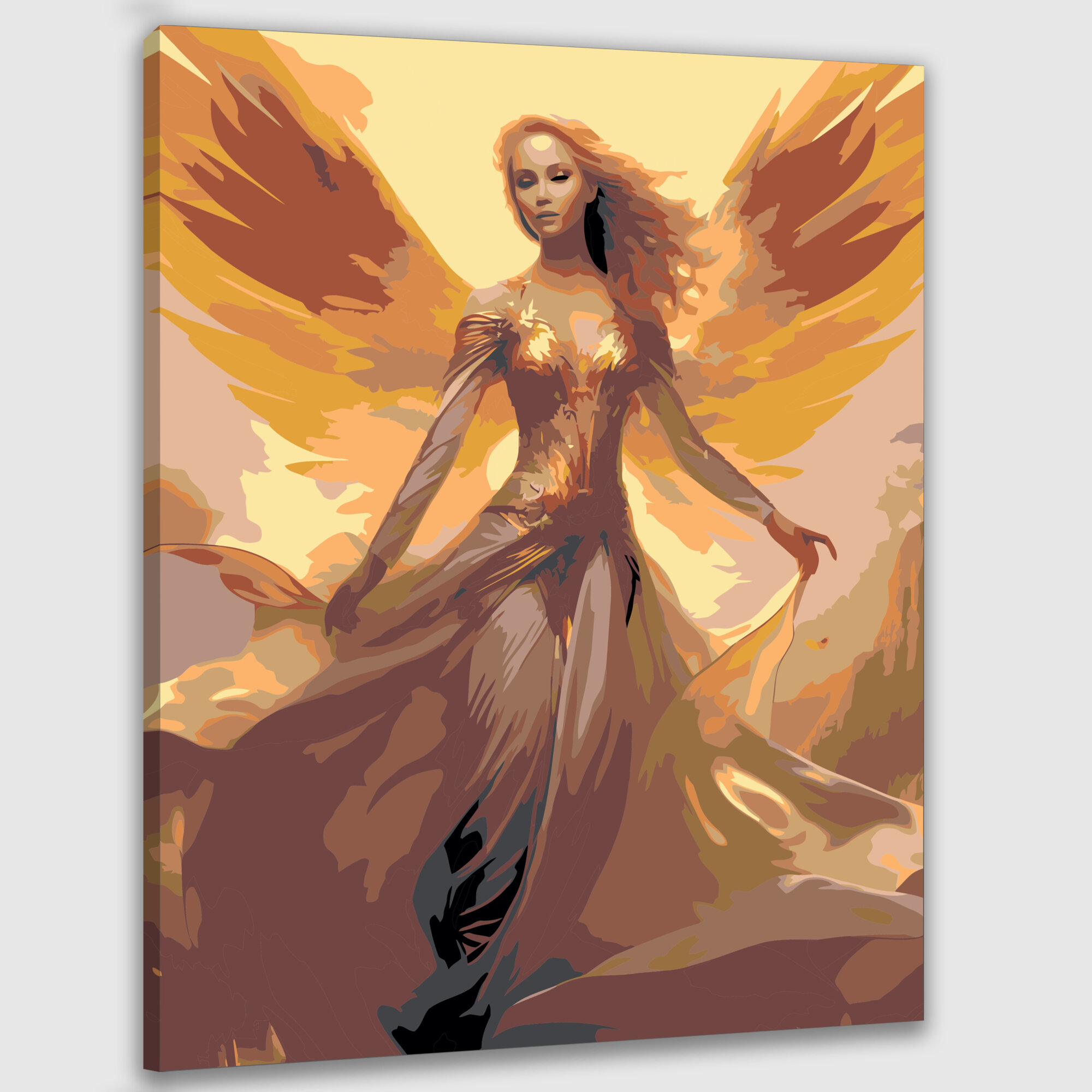 Картина по номерам 40x50 см, принцесса, золотые крылья, пейзаж, фантастика, платье, парящая, мерцающая, струящаяся