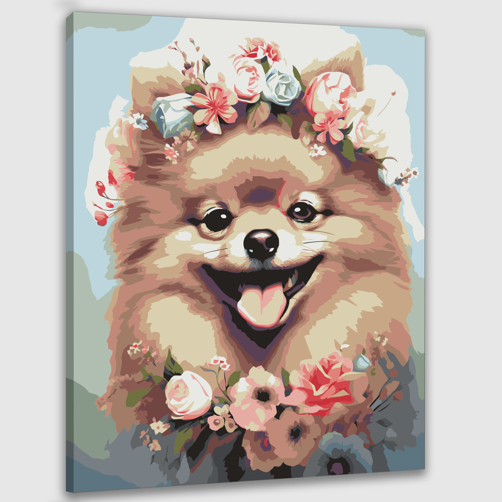 Картина по номерам 40x50 см, шпиц, цифровая иллюстрация, цветочная корона, пастельные тона, радость, очарование